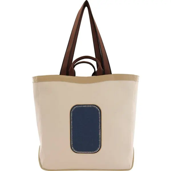 BEHNO Maison Large Canvas & Leather Tote - Sand/navy