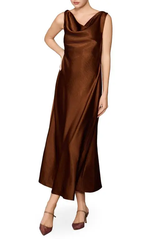 MELLODAY Drape Front Satin Midi Dress - Brown