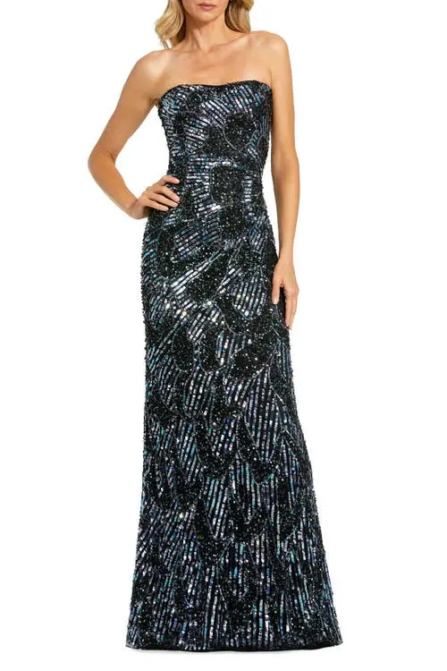 Mac Duggal Strapless Embellished Abstract Column Gown - Black Multi