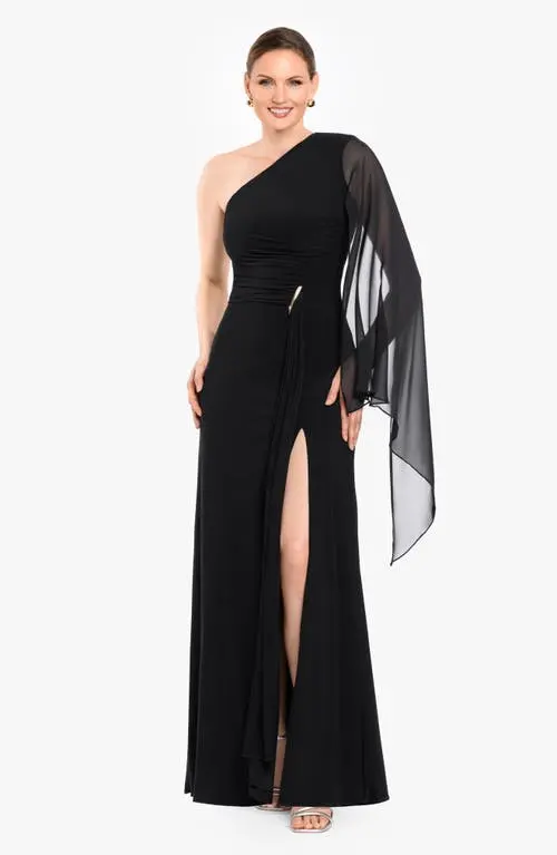 Betsy & Adam One Shoulder Chiffon Trim Maxi Dress