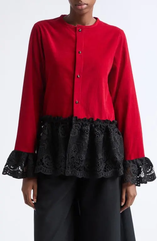 KUR Ripple Corduroy Blouse With Lace Trim - Red
