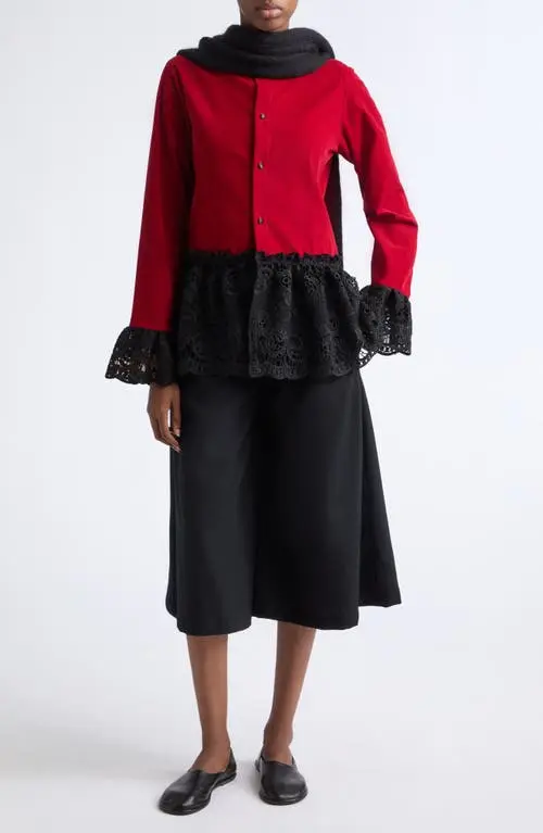 KUR Ripple Corduroy Blouse With Lace Trim