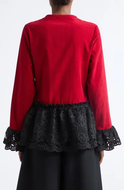 KUR Ripple Corduroy Blouse With Lace Trim