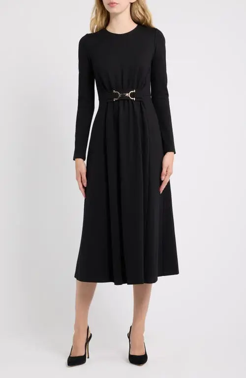 Anne Klein Long Sleeve Fit & Flare Midi Dress - Black