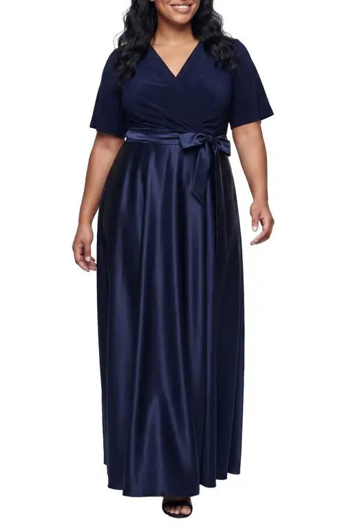 Alex Evenings Mixed Media Surplice Neck Gown - Navy