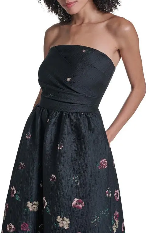 Karl Lagerfeld Paris Strapless Floral Print Fil Coupé Ballgown