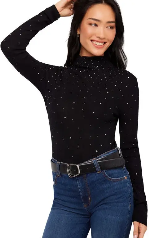Karen Kane Rhinestone Mock Neck Sweater - Black