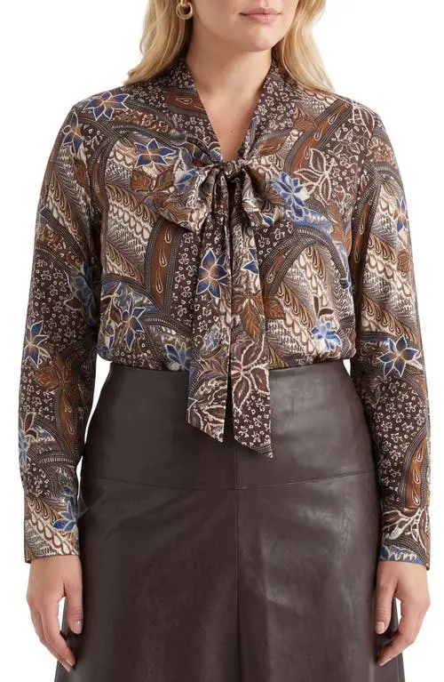 Karen Kane Bow Split Neck Long Sleeve Top - Print