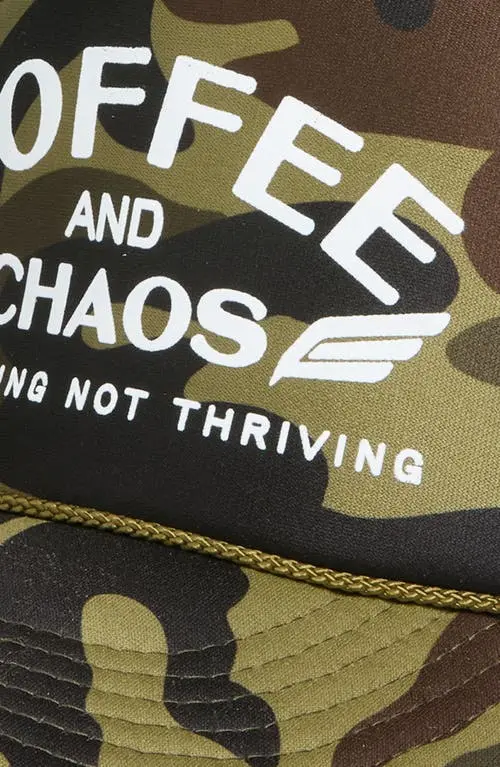 FRIDAY FEELIN’ Coffee & Chaos Patch Trucker Hat
