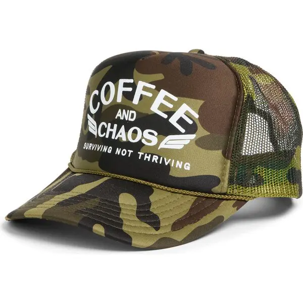 FRIDAY FEELIN’ Coffee & Chaos Patch Trucker Hat - Camo