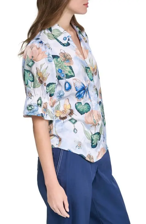 Karl Lagerfeld Paris Short Sleeve Ruffle Cuff Shirt - Soft White Multi
