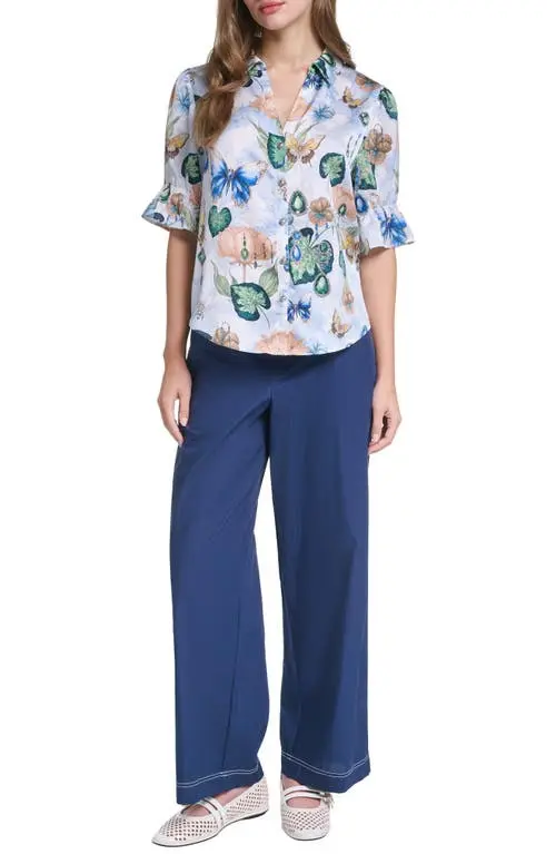 Karl Lagerfeld Paris Short Sleeve Ruffle Cuff Shirt - Soft White Multi
