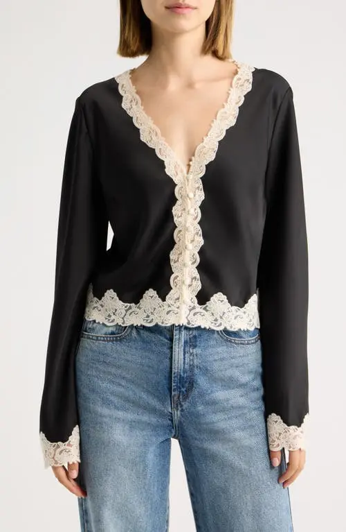 LoveShackFancy Fioretta Lace Trim V-neck Top - Black