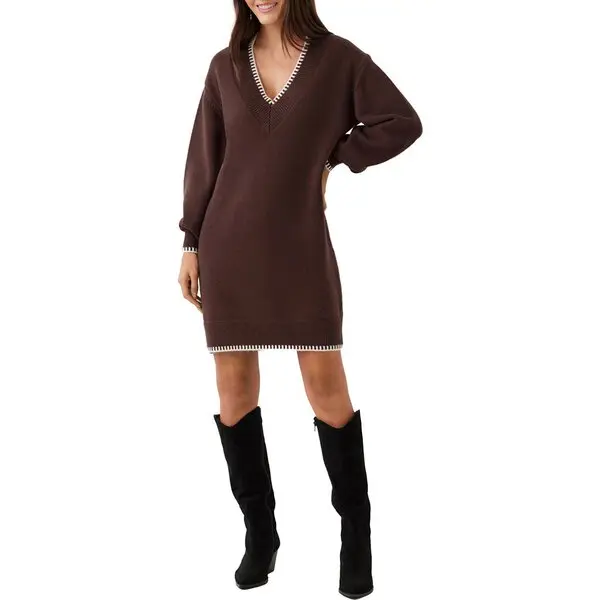 Karen Kane Varsity V-neck Long Sleeve Sweater Minidress - Chocolate
