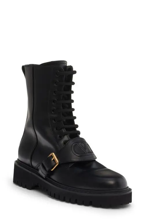 Valentino Garavani Vlogo Leather Combat Boot - Black