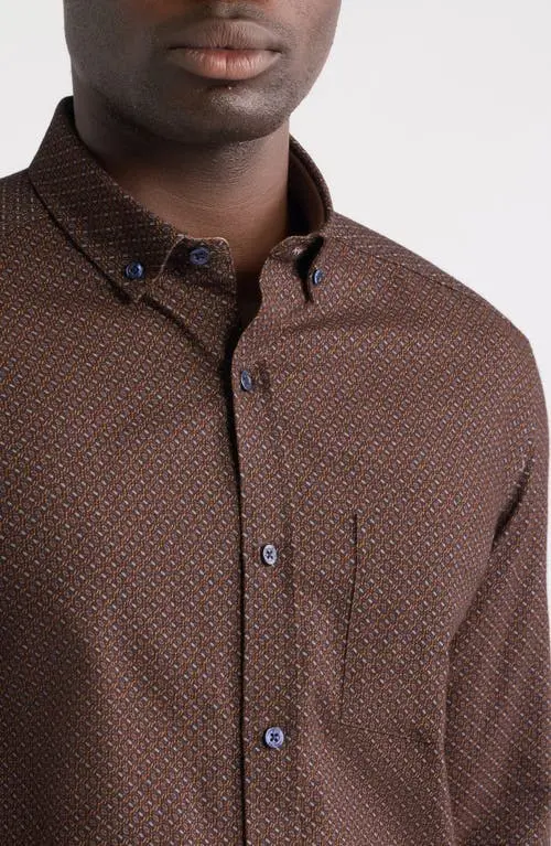 Johnston & Murphy Lane Print Cotton Button-up Shirt - Brown/navy Linked Oval