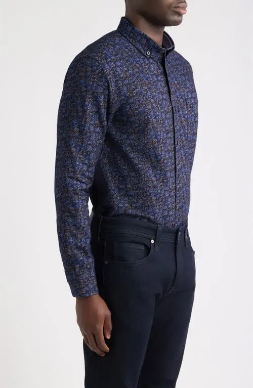 Johnston & Murphy Lane Print Cotton Button-up Shirt - Navy/brown Frond