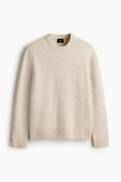 H&M Regular Fit Brushed Wool Blend Sweater - Light Beige Melange