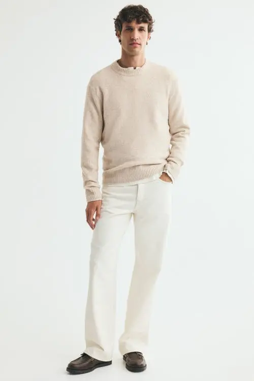 H&M Regular Fit Brushed Wool Blend Sweater - Light Beige Melange