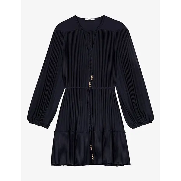Maje Pleated Blouson-sleeve Woven Mini Dress - Navy