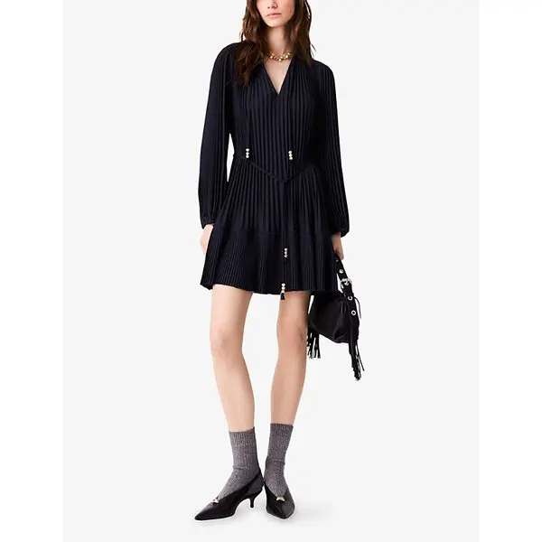 Maje Pleated Blouson-sleeve Woven Mini Dress