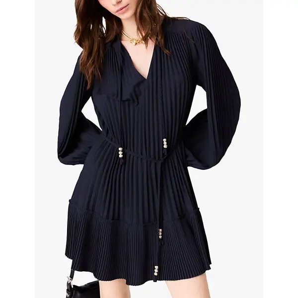 Maje Pleated Blouson-sleeve Woven Mini Dress
