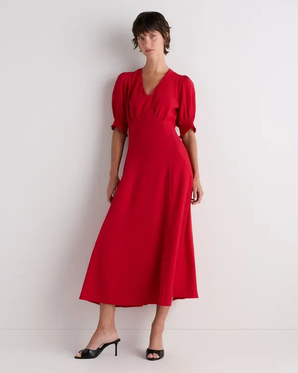 Quince Matte Crepe Puff Sleeve Midi Dress - Ruby Red