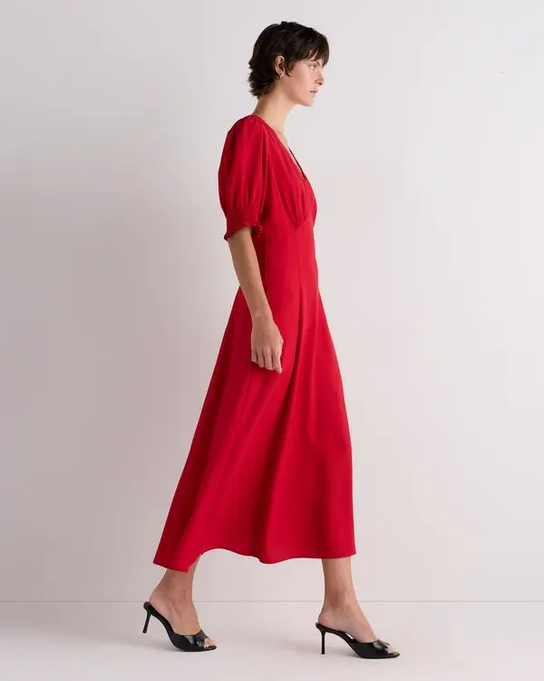 Quince Matte Crepe Puff Sleeve Midi Dress - Ruby Red