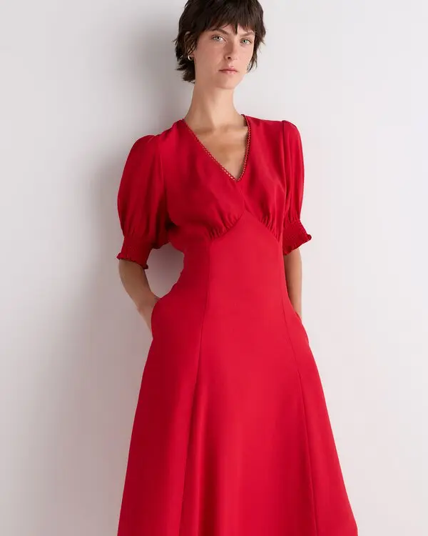 Quince Matte Crepe Puff Sleeve Midi Dress - Ruby Red