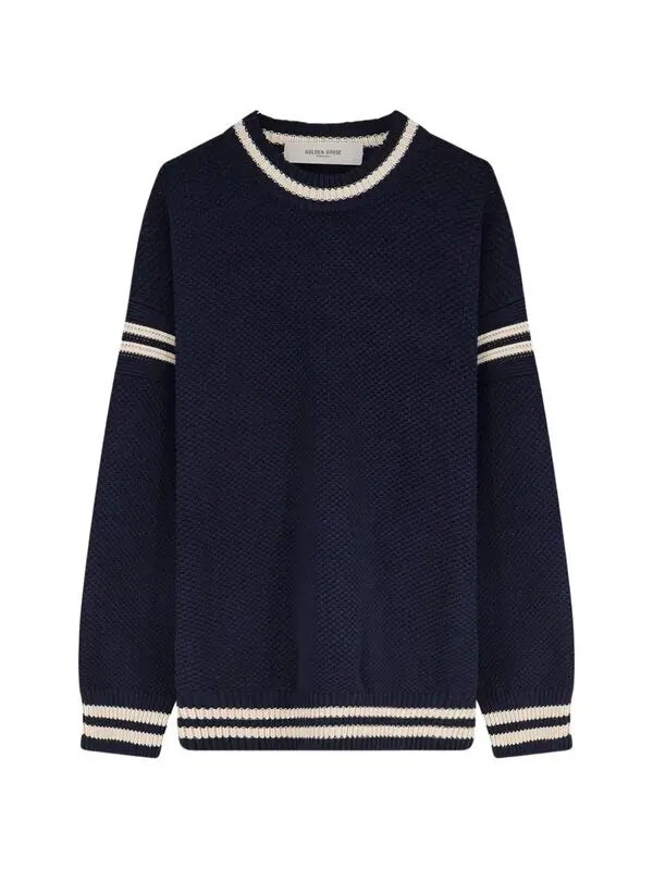 GOLDEN GOOSE Crew-neck Waffle-knit Sweater With Striped Trim - Blu