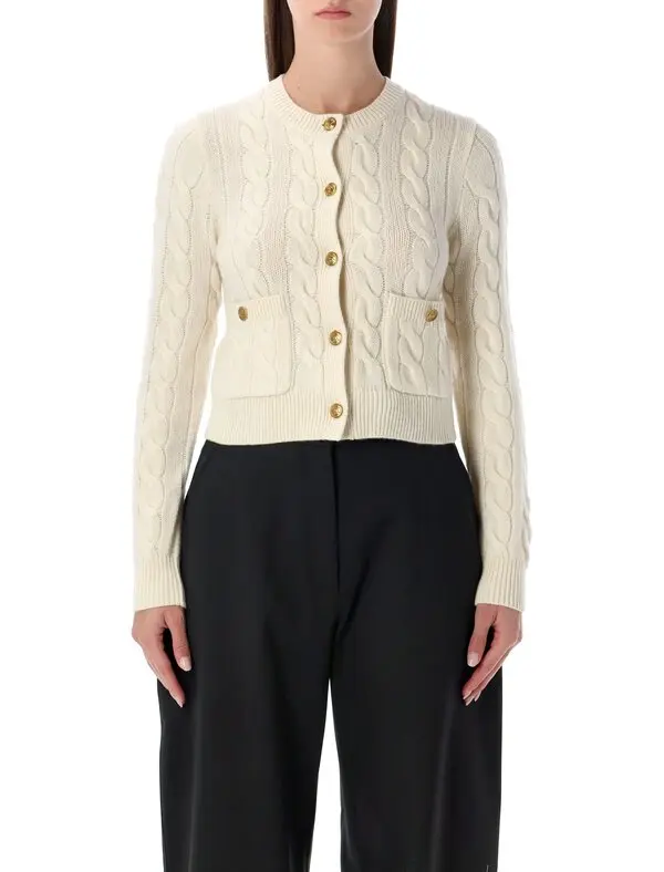 Polo Ralph Lauren Ribbed Crewneck Cable-knit Cropped Cardigan With Brass Button Placket - Bianco