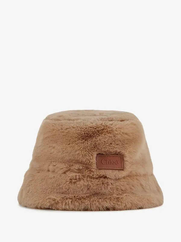 Chloé Faux Fur Bucket Hat With Leather Logo - Marrone