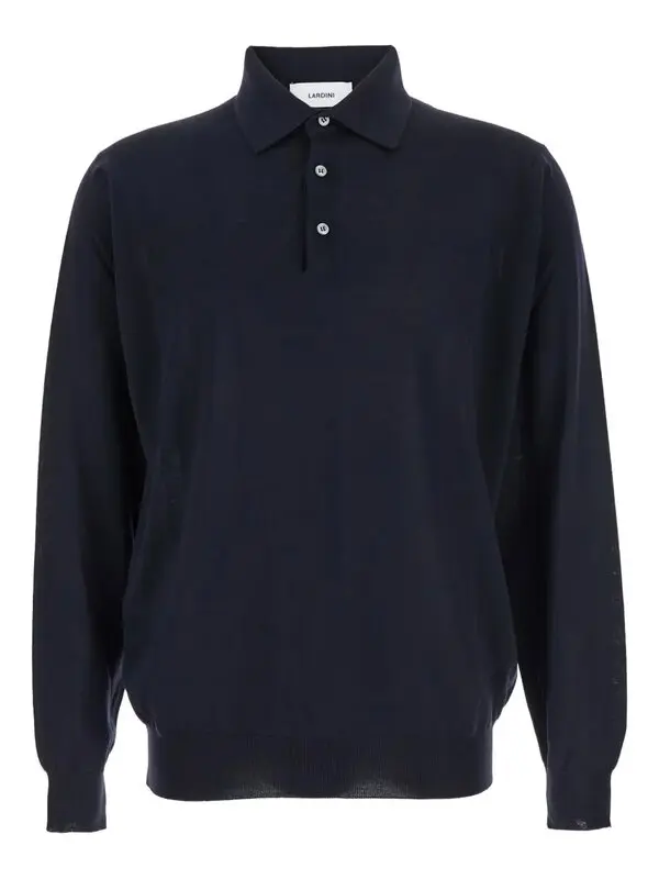 LARDINI Pure Virgin Wool Long-sleeve Polo Shirt Made In Italy - Blu