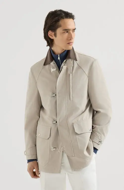 Brunello Cucinelli Water-resistant Microfiber Outerwear Jacket With Hook Fastening And Nappa Leather Inserts - Beige