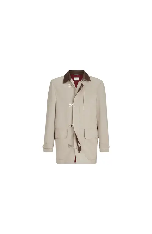 Brunello Cucinelli Water-resistant Microfiber Outerwear Jacket With Hook Fastening And Nappa Leather Inserts