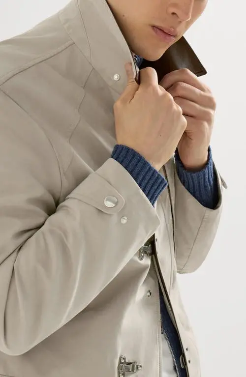 Brunello Cucinelli Water-resistant Microfiber Outerwear Jacket With Hook Fastening And Nappa Leather Inserts