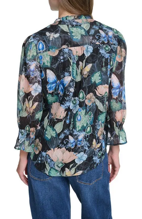 Karl Lagerfeld Paris Ruffle Collar Printed Shirt - Black/multi