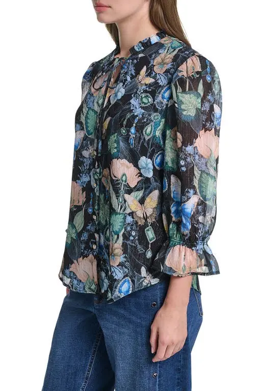 Karl Lagerfeld Paris Ruffle Collar Printed Shirt - Black/multi