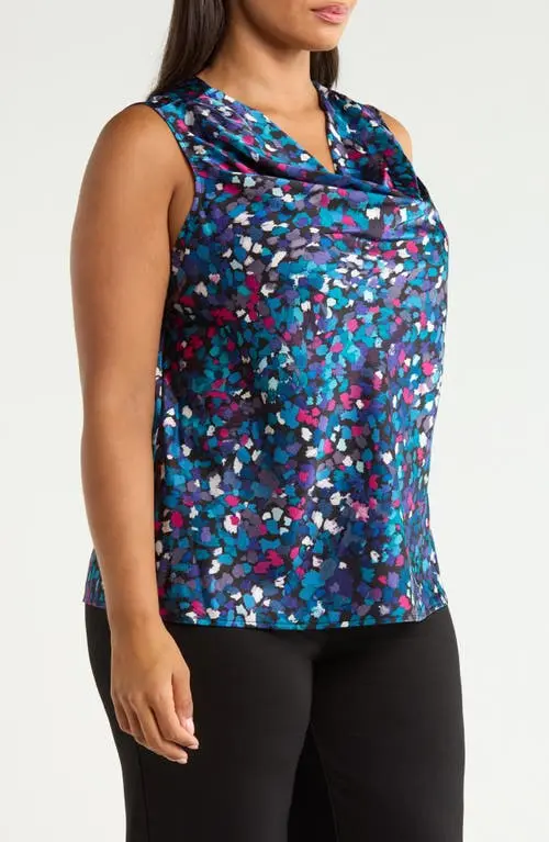 KASPER Pleated Cowl Neck Top - Black Multi