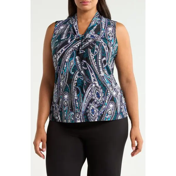 KASPER Sleeveless Knot Front Jersey Top - Black Multi