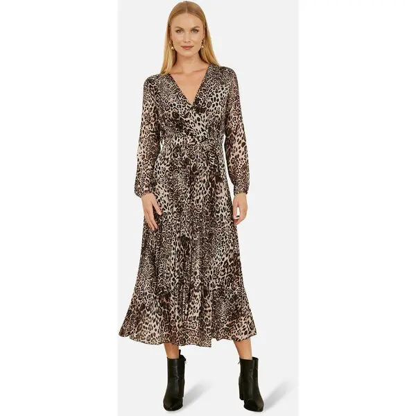 YUMI Print Long Sleeve Midi Dress - Leopard