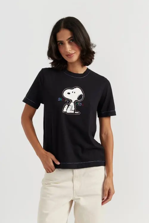Chinti & Parker Cotton Snoopy Embroidered T-shirt - Black