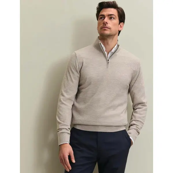 CHARLES TYRWHITT Pure Merino Texture Zip Neck Sweater - Limestone