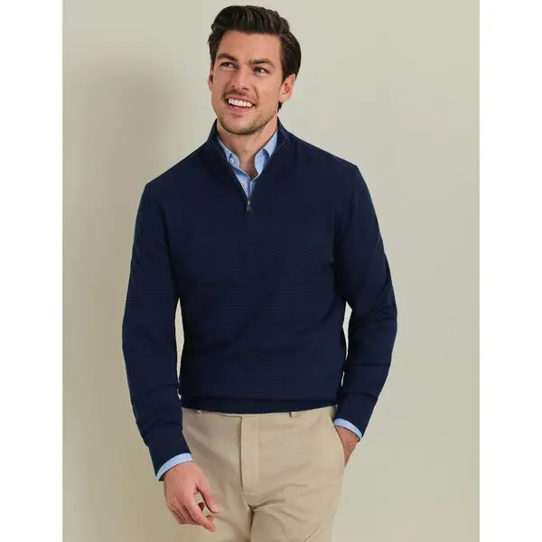 CHARLES TYRWHITT Pure Merino Texture Zip Neck Sweater - Navy