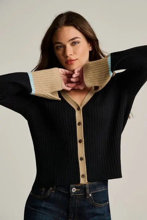 Lisa Todd Cotton Cashmere Ribbed V-neck Cardigan With Contrast Details - Black