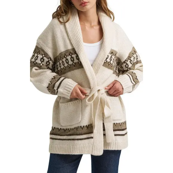 LEEM Patterned Belted Cardigan - Ivory