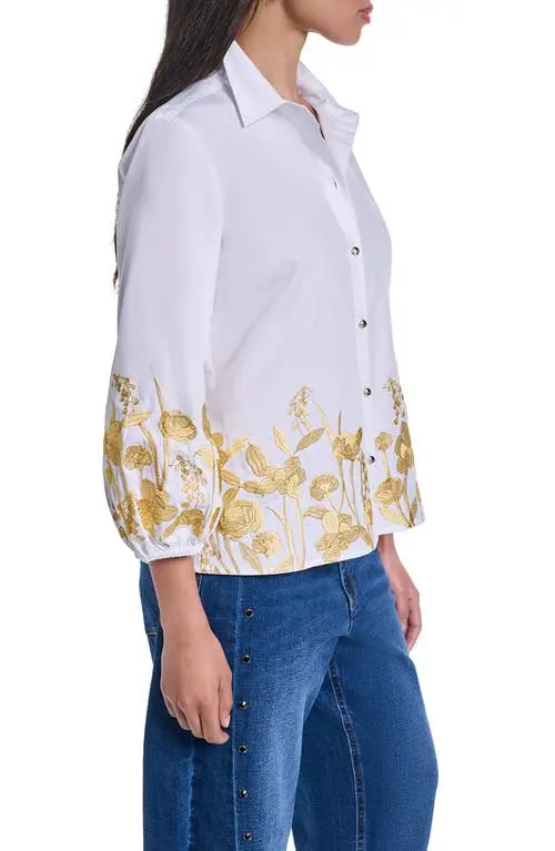 Karl Lagerfeld Paris Embroidered Puff Sleeve Cotton Shirt