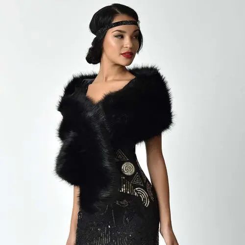 Unique Vintage Faux Fur Stole - Black Fur