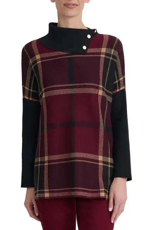Jones New York Split-neck Plaid Poncho Sweater - Classic Wine Multi