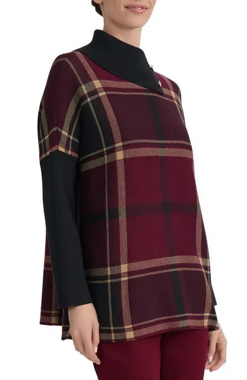 Jones New York Split-neck Plaid Poncho Sweater - Classic Wine Multi